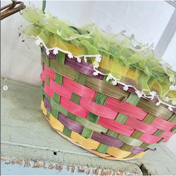 Vintage | Accents | Vintage Easter Basket Woven Balsa Wood Pink Green ...